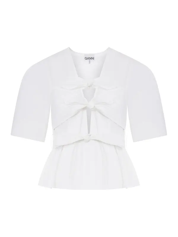 GANNI White Washed Stretch Cotton Tie Strap Blouse - Multicolor