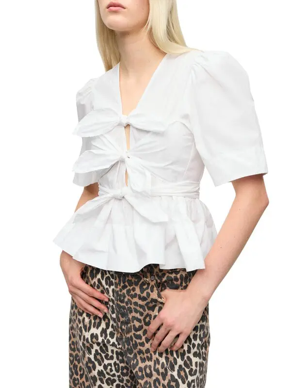 GANNI White Washed Stretch Cotton Tie Strap Blouse - Multicolor
