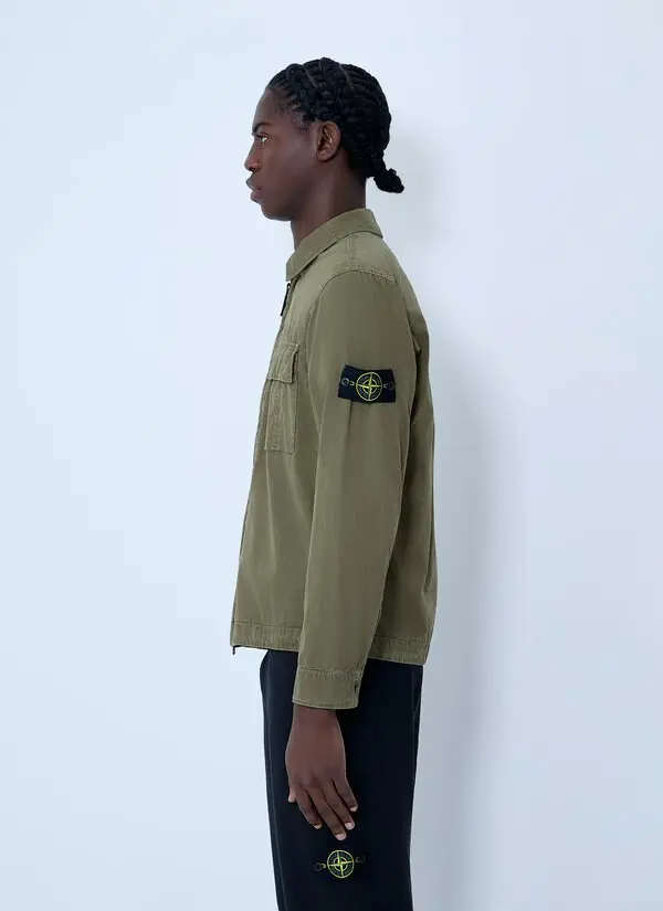 Stone Island Logo Patch Cotton Zip Overshirt - Green