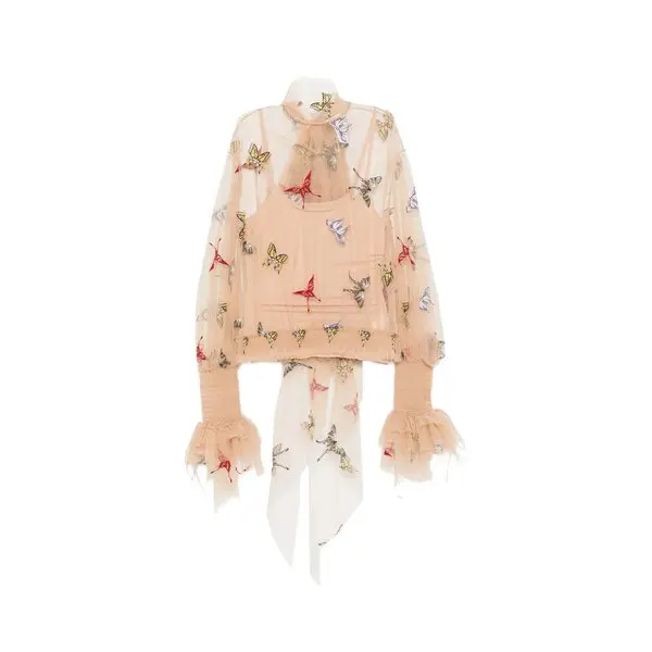 Blumarine Beige Mesh Butterfly Embroidered Mock Neck Long Puff Sleeve Blouse - Cream