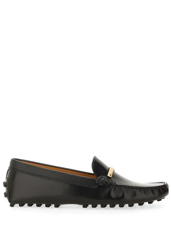 TOD'S Calfskin Moccasins With Gold Tone Bar Detail - Black