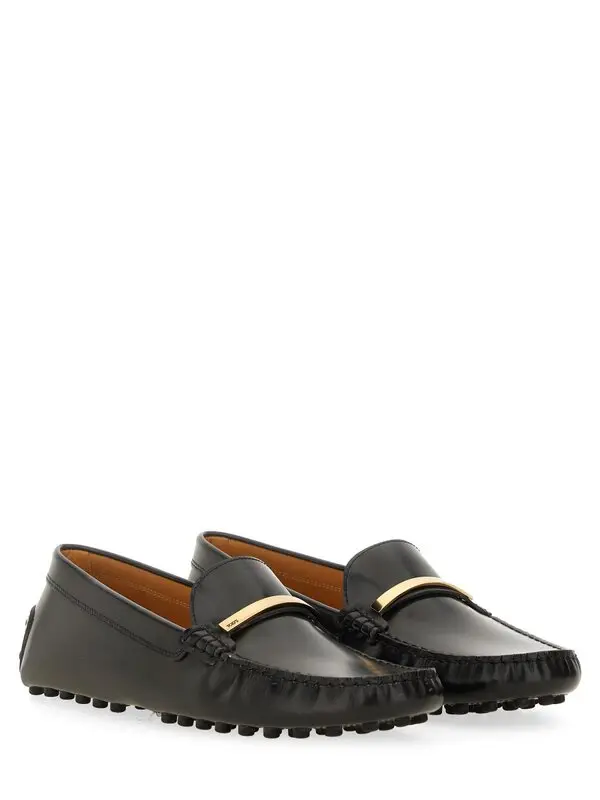 TOD'S Calfskin Moccasins With Gold Tone Bar Detail - Black