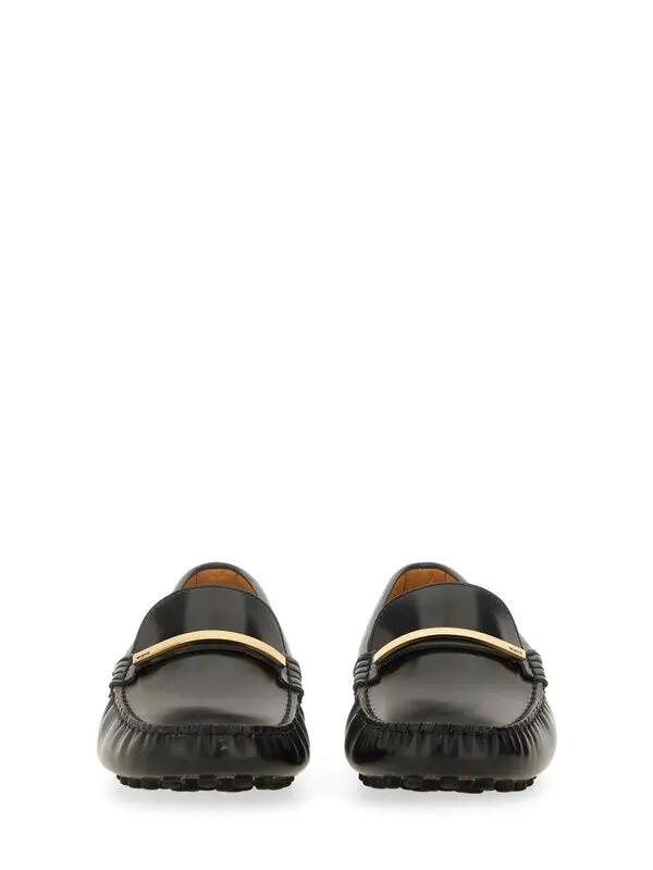 TOD'S Calfskin Moccasins With Gold Tone Bar Detail - Black