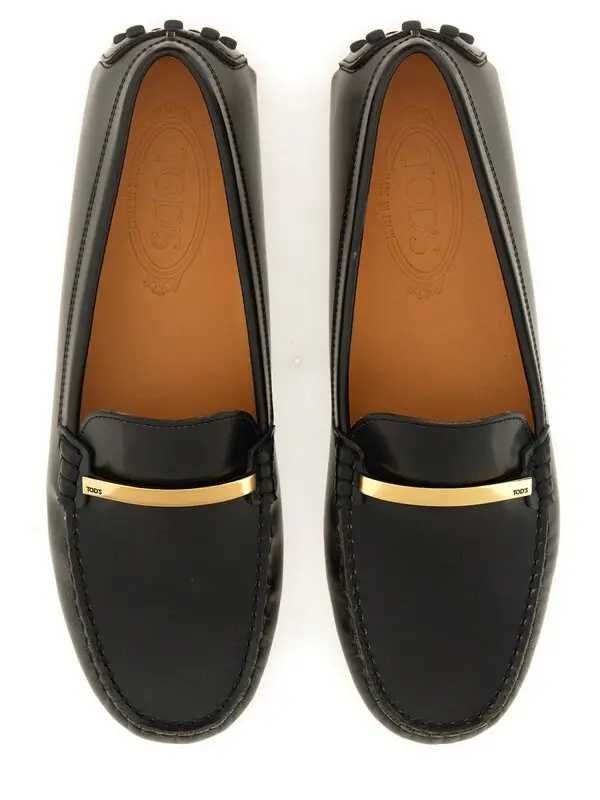 TOD'S Calfskin Moccasins With Gold Tone Bar Detail - Black