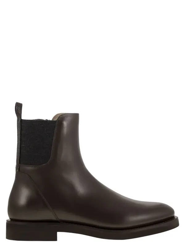 Brunello Cucinelli Chelsea Boot In Matt Calfskin With Embellished Detail - Brown
