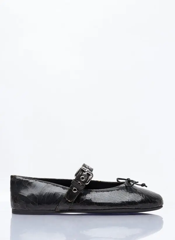 Miu Miu Crackled Leather Ballerina Flats With Bow Detail - Brown