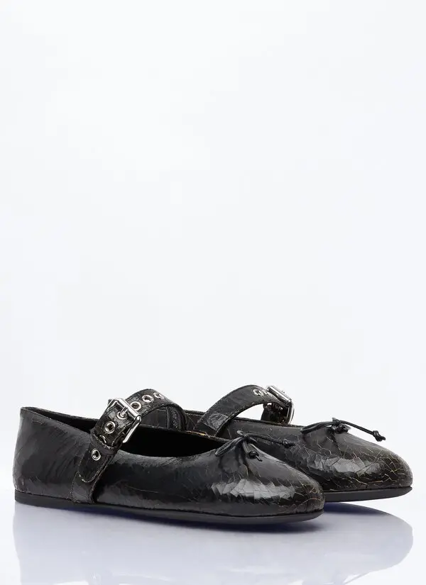 Miu Miu Crackled Leather Ballerina Flats With Bow Detail - Brown