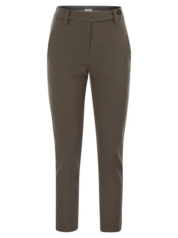 Brunello Cucinelli Cigarette Trousers In Stretch Cotton - Brown