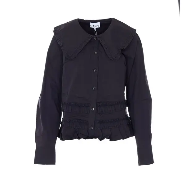 GANNI Ruffle Frill Detail Cotton Shirt - Black