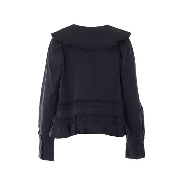 GANNI Ruffle Frill Detail Cotton Shirt - Black