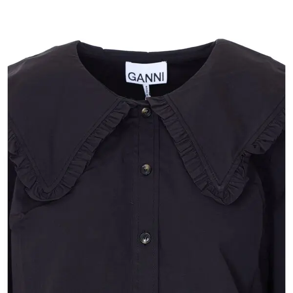GANNI Ruffle Frill Detail Cotton Shirt - Black