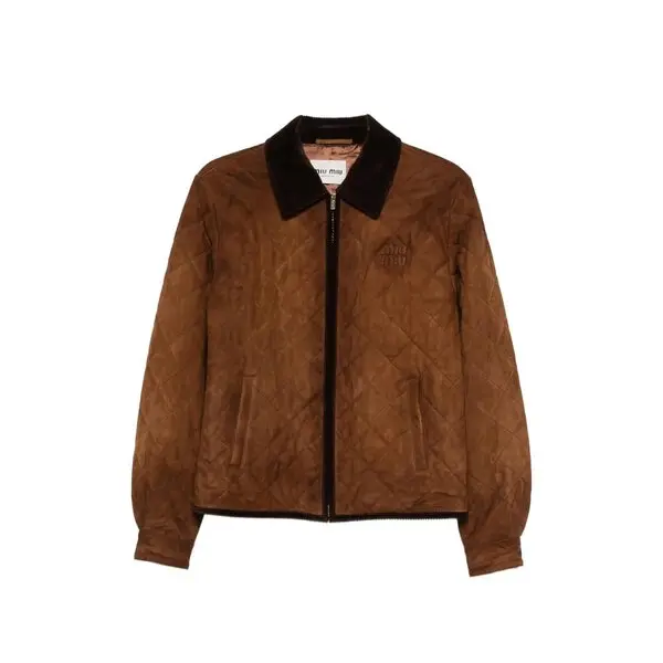 Miu Miu Quilted Lambskin Bomber Jacket With Corduroy Collar - Brown