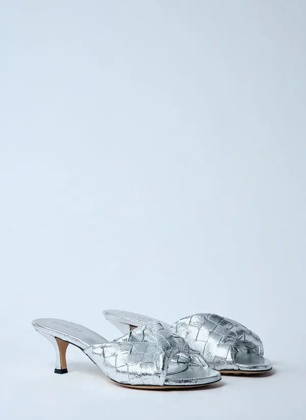 Bottega Veneta Blink Heeled Mules In Metallic Woven Leather