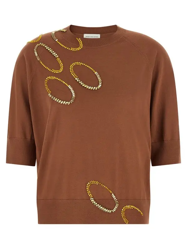 Dries Van Noten Tuan" Crew Neck Sweater With "oversized Ellipses" Embellishment - Brown