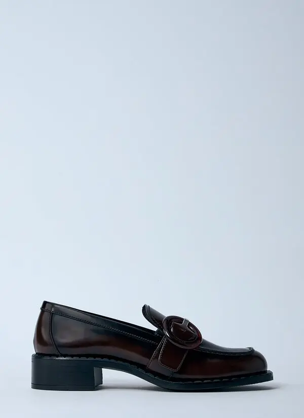 Prada Sienna Leather Loafers With Embossed Logo Buckle - Brown