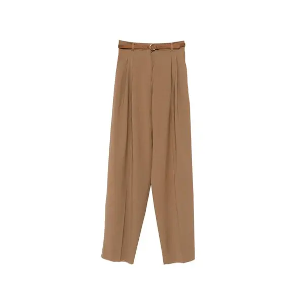 Max Mara Virgin Wool Belted Pleated Trousers - Brown