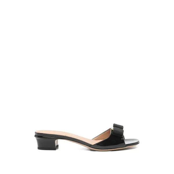 FERRAGAMO Patent Leather Bow Detail Block Heel Mules - Black
