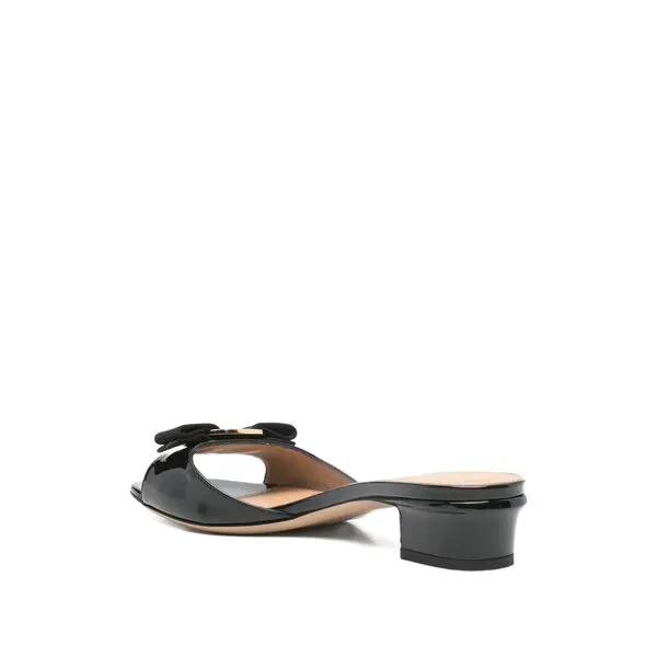 FERRAGAMO Patent Leather Bow Detail Block Heel Mules