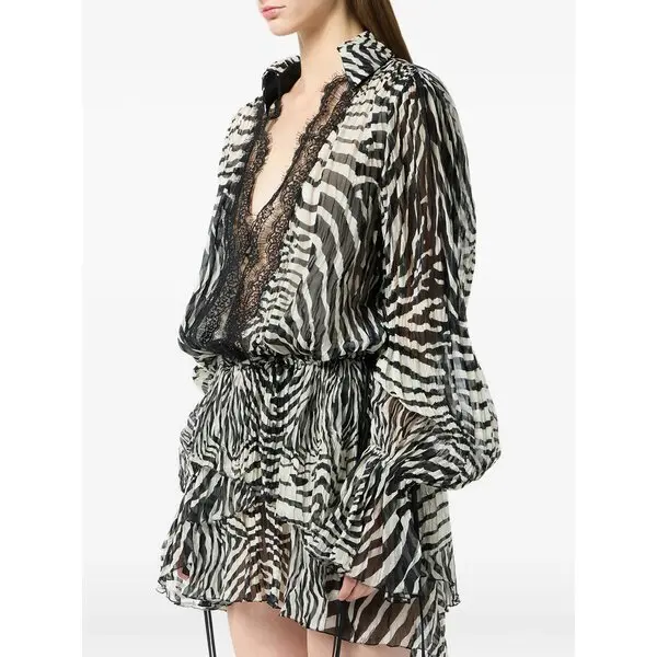 Blumarine Zebra Print Tiered Lace Trim Dress