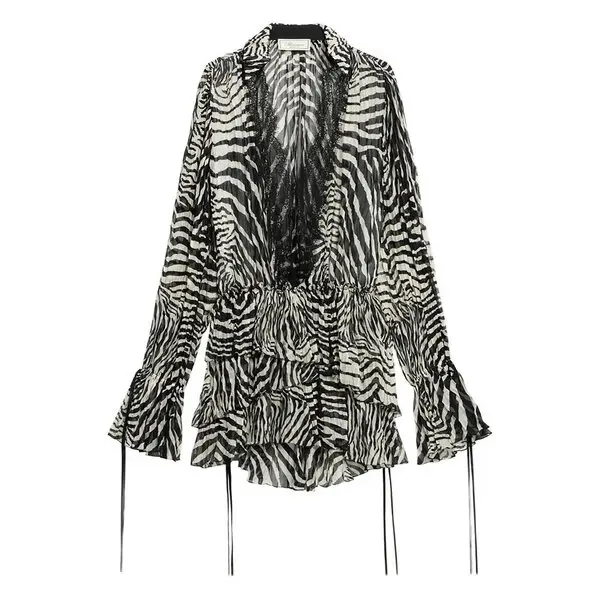 Blumarine Zebra Print Tiered Lace Trim Dress