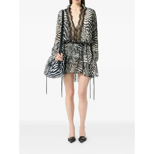 Blumarine Zebra Print Tiered Lace Trim Dress