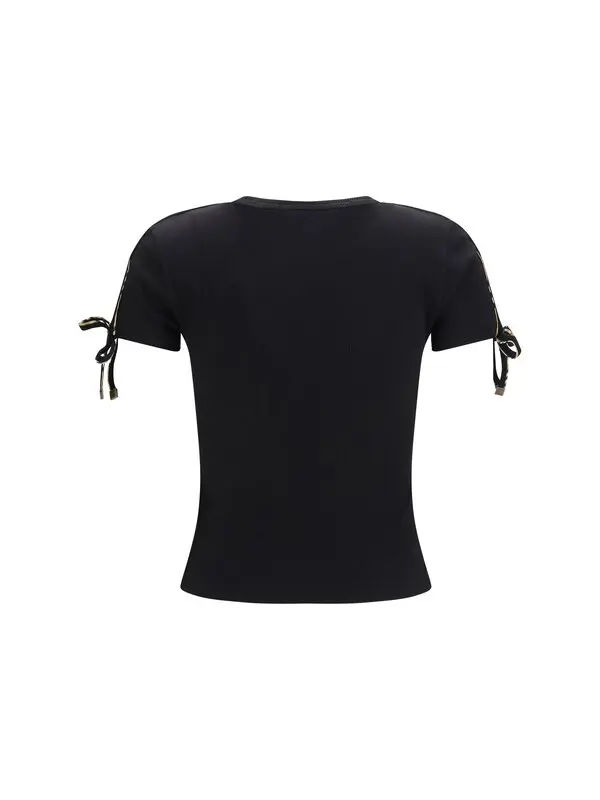 Burberry Ribbed Cotton T-shirt With Lace-up Sleeve Detail - Black