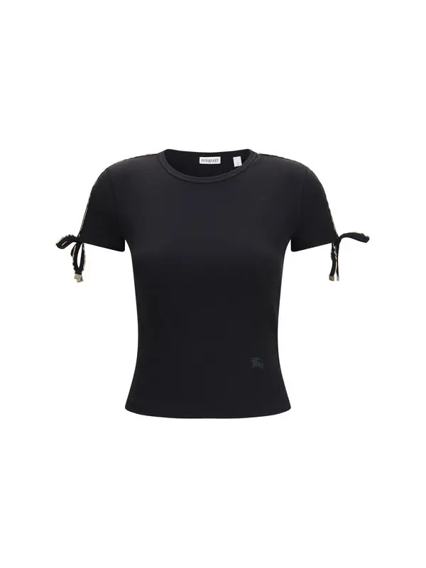 Burberry Ribbed Cotton T-shirt With Lace-up Sleeve Detail - Black