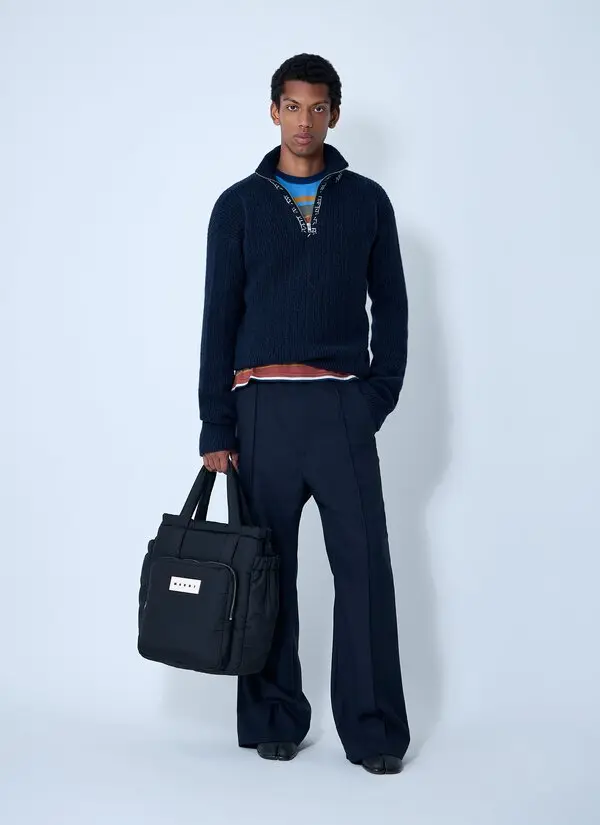 Marni Logo Embroidered Zip-up Wool-cashmere Sweater - Blue
