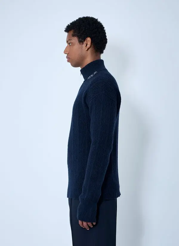 Marni Logo Embroidered Zip-up Wool-cashmere Sweater - Blue