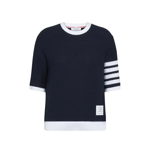 Thom Browne Navy Cotton Knit Top With Signature Four-bar Detail