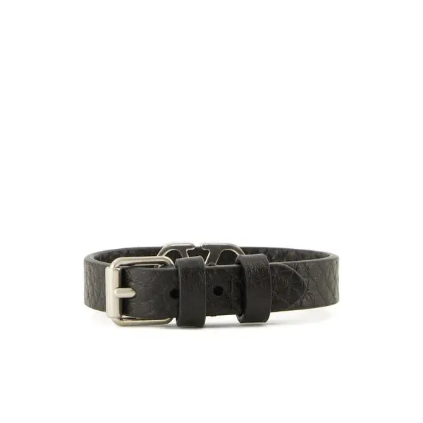 Valentino Garavani Grained Leather Bracelet With Silver-tone Hardware - Black