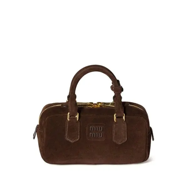 Miu Miu Raffia Crochet Shoulder Bag With Embroidered Logo And Leather Details - Brown