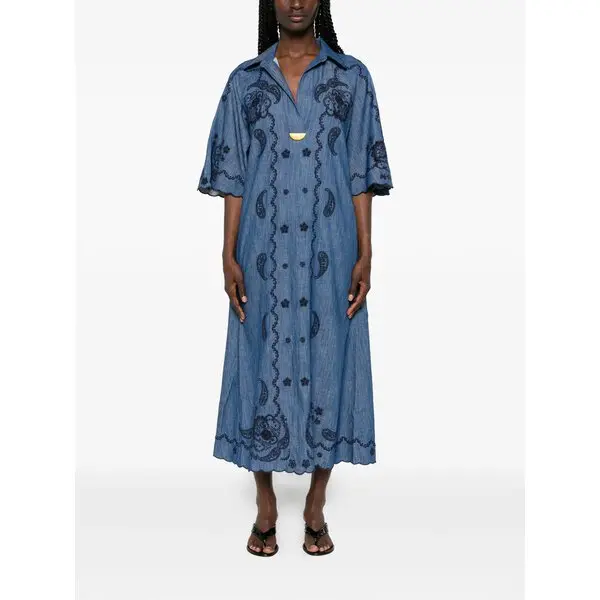 Zimmermann Paisley Embroidered Cotton V-neck Day Dress - Blue