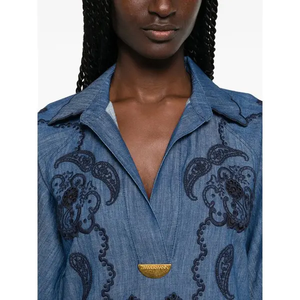 Zimmermann Paisley Embroidered Cotton V-neck Day Dress - Blue