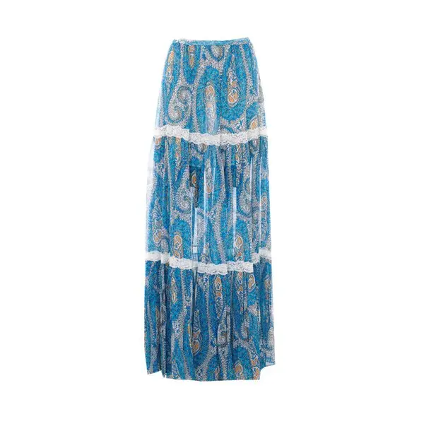 Etro Paisley Foliage Pattern Silk Crepon Long Skirt - Blue