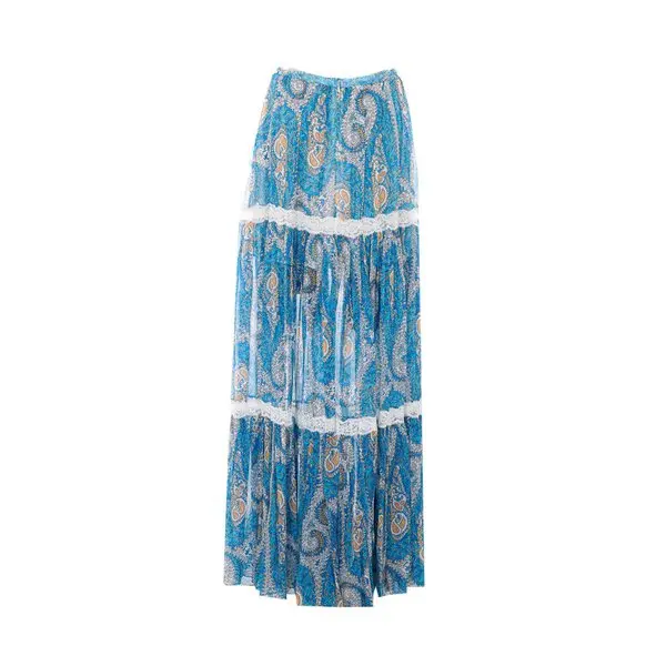 Etro Paisley Foliage Pattern Silk Crepon Long Skirt - Blue