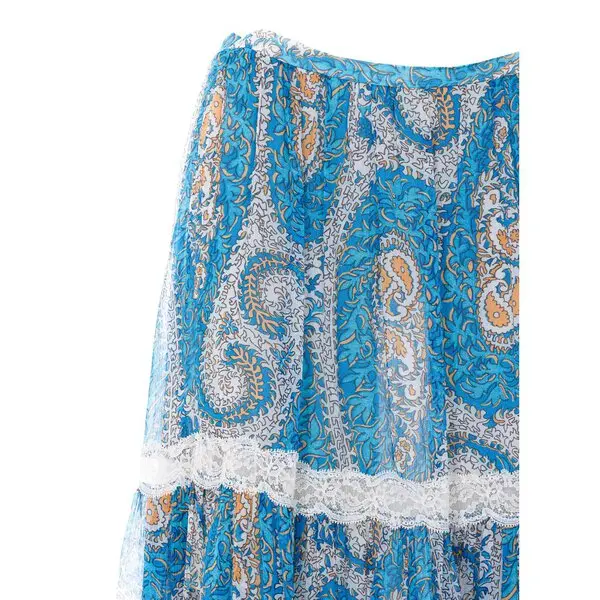 Etro Paisley Foliage Pattern Silk Crepon Long Skirt - Blue