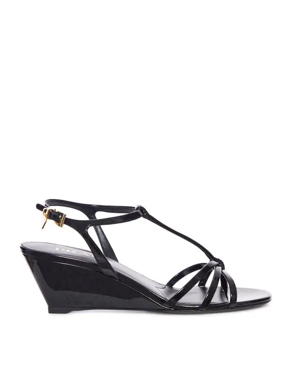 Prada Patent Leather Braided Strap Wedge Sandals - Black