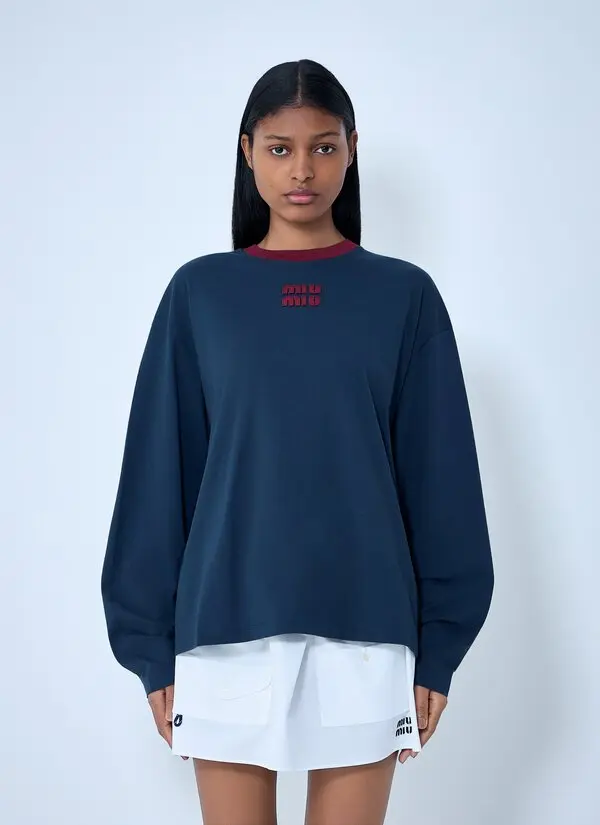 Miu Miu Cotton Jersey Sweatshirt With Logo Motif - Blue