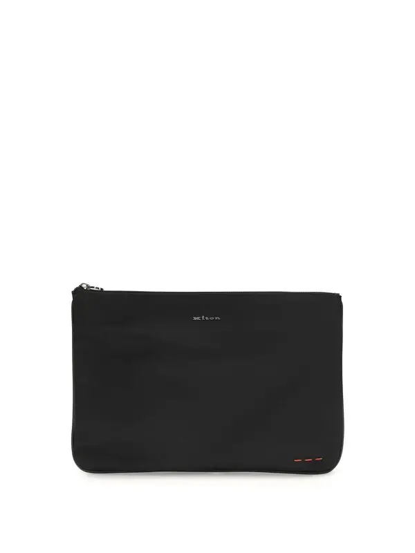 Kiton Leather Pouch With Applied Brass Logo - Black
