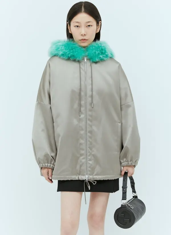 Gucci Satin Bomber Jacket With Detachable Wool Collar And Hood