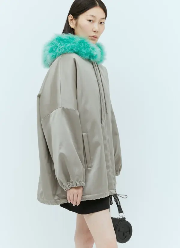 Gucci Satin Bomber Jacket With Detachable Wool Collar And Hood - Gray