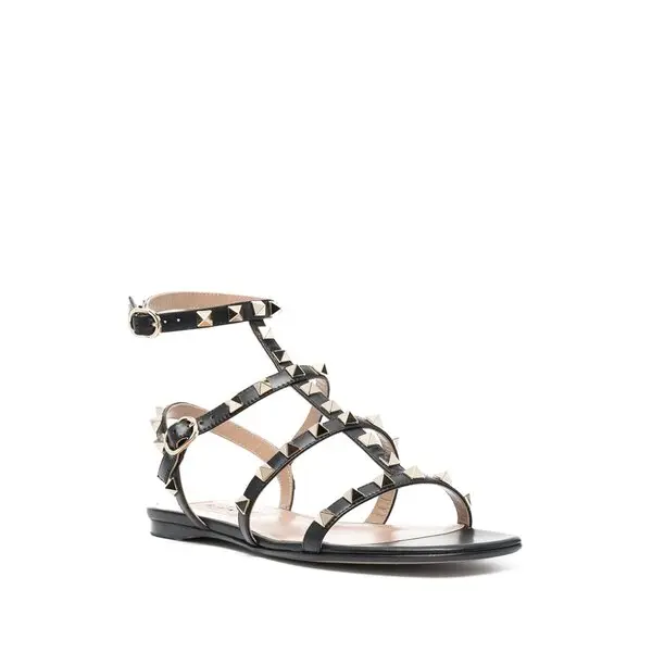 Valentino Garavani Calf Leather Rockstud Embellished Sandals - Black