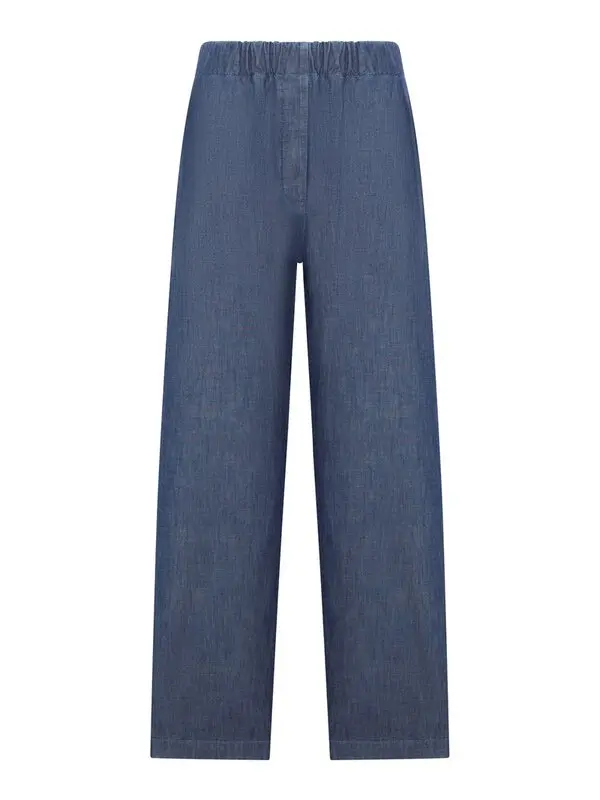 JIL SANDER Wide Leg Trousers In Indigo Cotton Chambray - Blue