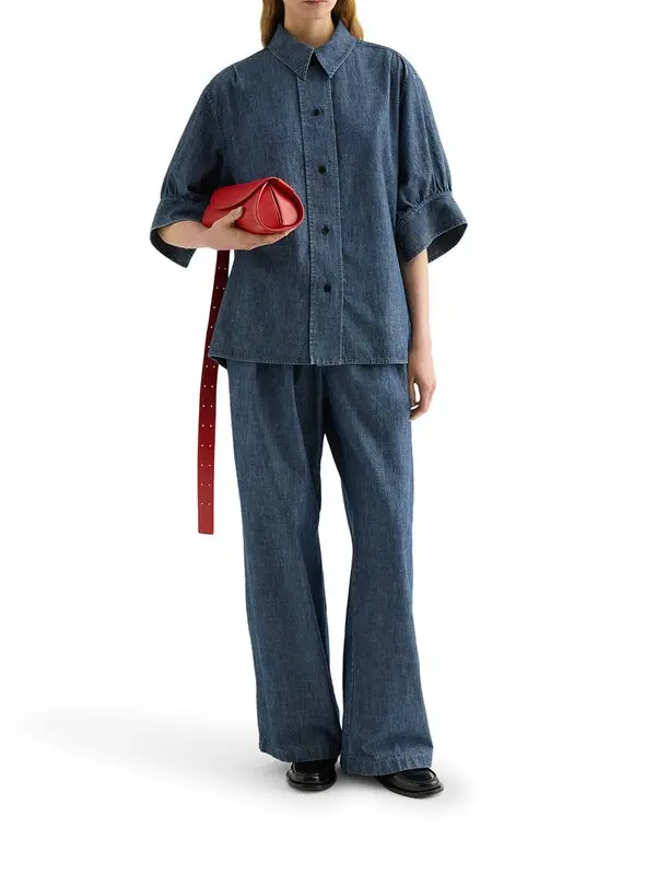JIL SANDER Wide Leg Trousers In Indigo Cotton Chambray - Blue