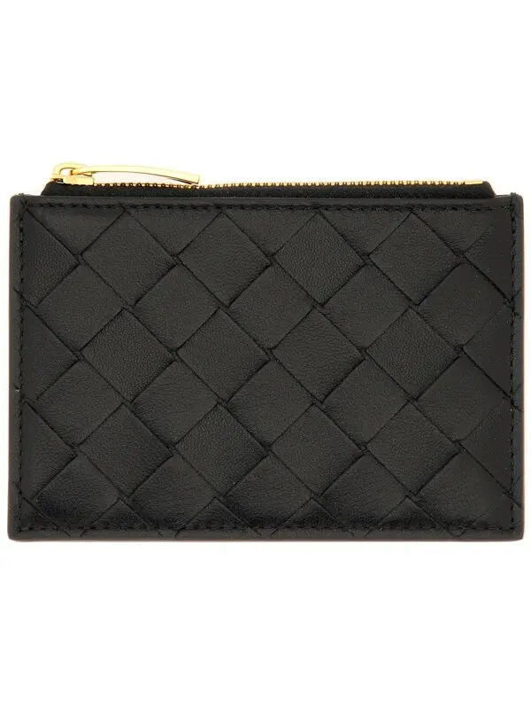 Bottega Veneta Woven Card Holder With Zipper - Black
