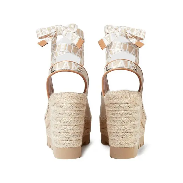 Stella McCartney Woven Raffia Espadrille Wedge Platform Sandals With Tie Fastening - Cream