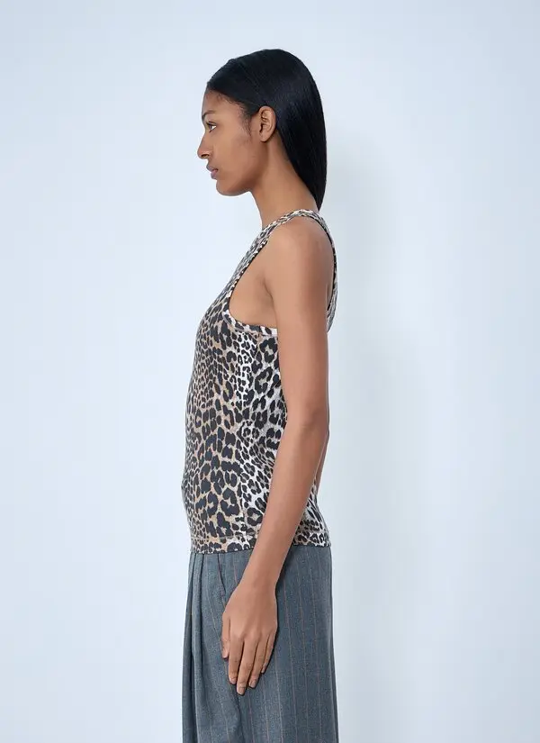 GANNI Leopard Print Ribbed Tank Top - Brown