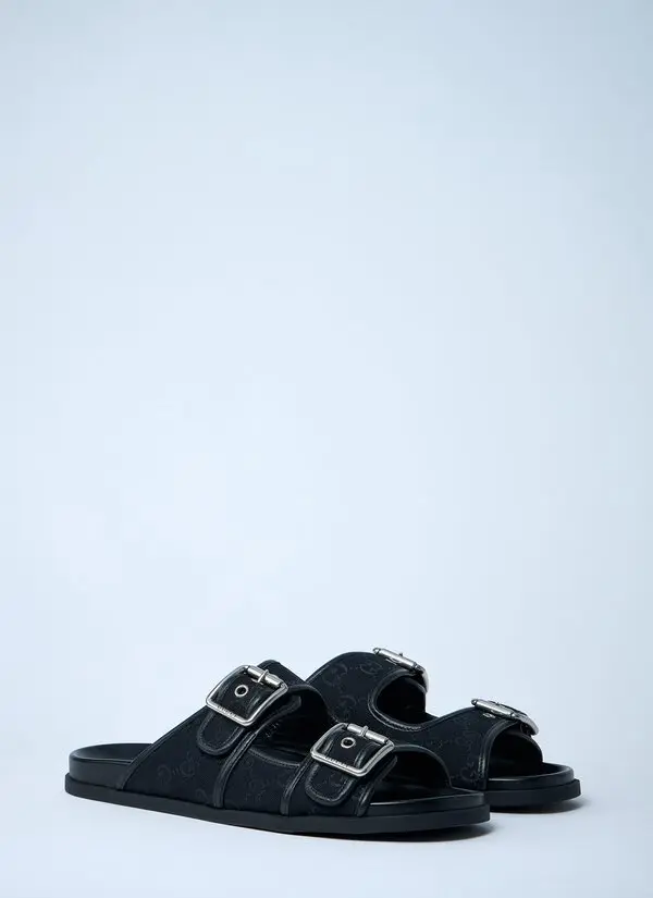 Gucci Gg Motif Slide Sandals With Buckle Fastening - Black