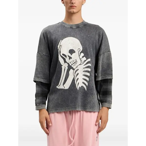 Palm Angels Grey Skull Graphic Layered Sleeve Sweatshirt
